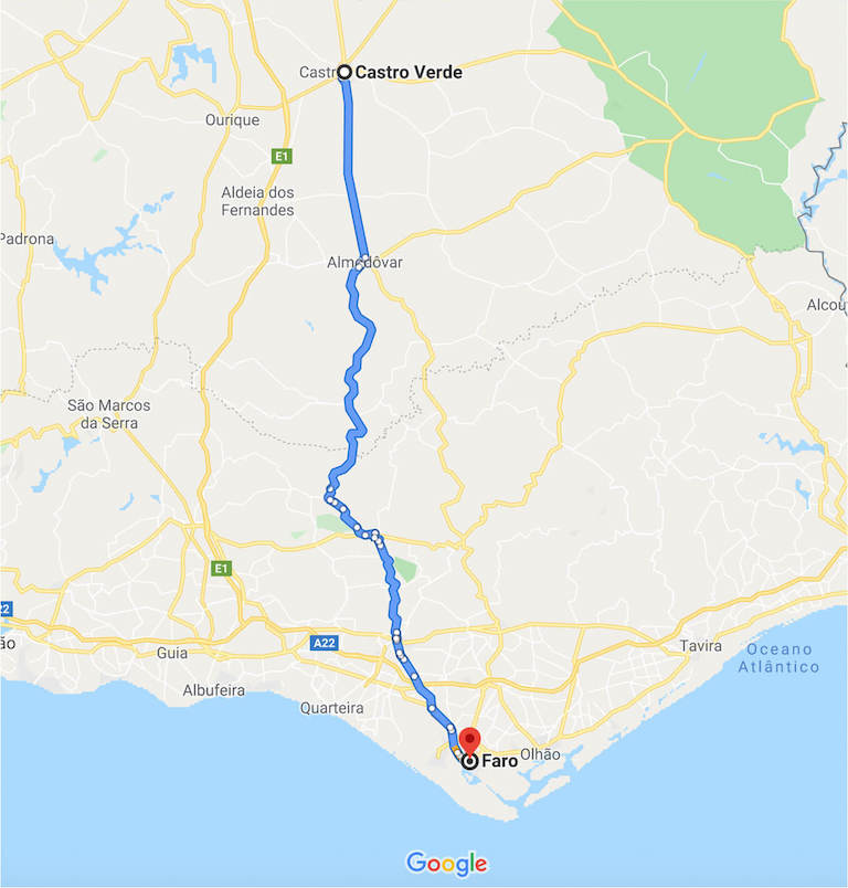 mapa de Castro Verde - Faro - Regresso a Lisboa